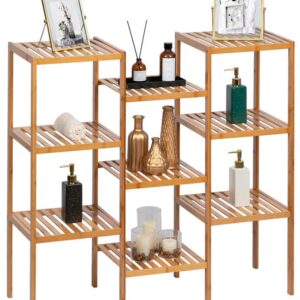 9-Tier Bamboo Bathroom Shelf, Customizable Shelving Unit, Multifunctional Storage Rack, Floor Standing Shelving Unit, Bathroom Shelves Organizer, Wood Corner Rack, for Kitchen, Livingroom, Bedroom