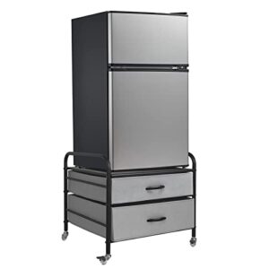 eazehome mini fridge stand, fridge stand with storage, 2 drawer fridge cart, organizer unit for mini fridge, fridge stand with metal frame and fabric drawers, mini fridge table with 4 swivel wheels