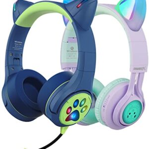 Kids Bluetooth Headphones, 2 Packs Cat Ear Headphones with LED Light, Boom Mic&Built-in Mic for Calls, 85dB Volume Limited Kids Headphones Wireless&Wired for School Tablet PC Phones (Purple&Blue)