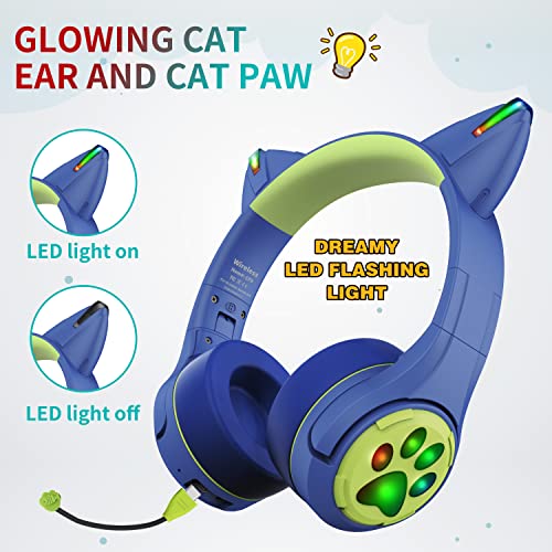 Kids Bluetooth Headphones, 2 Packs Cat Ear Headphones with LED Light, Boom Mic&Built-in Mic for Calls, 85dB Volume Limited Kids Headphones Wireless&Wired for School Tablet PC Phones (Purple&Blue)