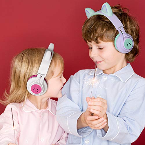 Kids Bluetooth Headphones, 2 Packs Cat Ear Headphones with LED Light, Boom Mic&Built-in Mic for Calls, 85dB Volume Limited Kids Headphones Wireless&Wired for School Tablet PC Phones (Purple&Blue)