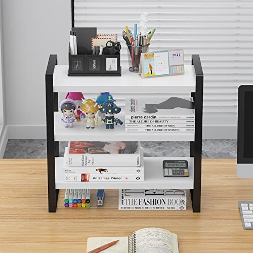 feejee 3 Tiers Desktop Shelf Organizers and Storage with Metal Frame Wood Board Racks for Office, Dorm, School Small Display Shelves Mini Bookshelf Corner Shelving (Frame Black&Tier White, 3 Tiers)