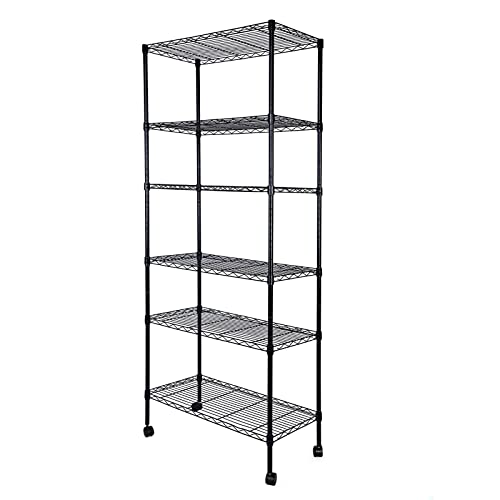 YSSOA Heavy Duty 6-Shelf Shelving with Wheels, with Hanging Hooks, Wire Shelving, Adjustable Storage Units, 29'' D x 14'' W x 70'' H, 6 Tier, Black