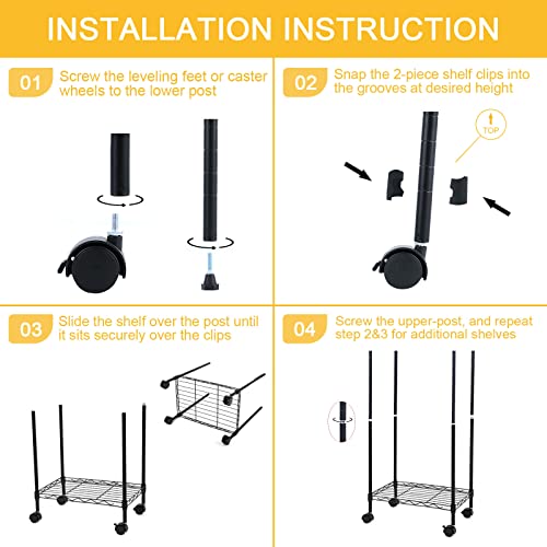 YSSOA Heavy Duty 6-Shelf Shelving with Wheels, with Hanging Hooks, Wire Shelving, Adjustable Storage Units, 29'' D x 14'' W x 70'' H, 6 Tier, Black