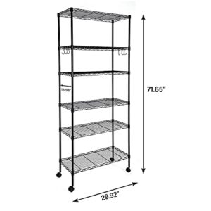 YSSOA Heavy Duty 6-Shelf Shelving with Wheels, with Hanging Hooks, Wire Shelving, Adjustable Storage Units, 29'' D x 14'' W x 70'' H, 6 Tier, Black