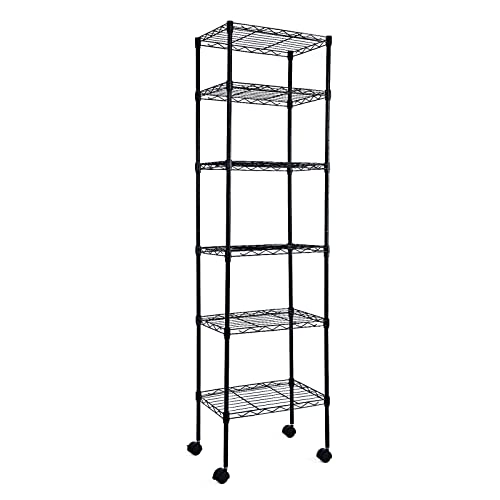 YSSOA Heavy Duty 6-Shelf Shelving with Wheels, with Hanging Hooks, Wire Shelving, Adjustable Storage Units, 17'' D x 11'' W x 63'' H, 6 Tier, Black