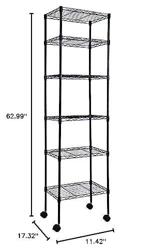 YSSOA Heavy Duty 6-Shelf Shelving with Wheels, with Hanging Hooks, Wire Shelving, Adjustable Storage Units, 17'' D x 11'' W x 63'' H, 6 Tier, Black