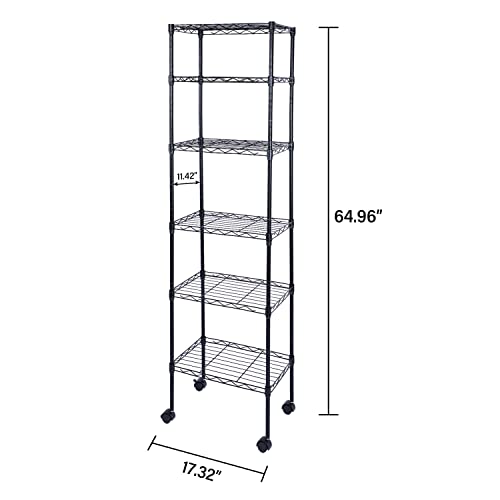 YSSOA Heavy Duty 6-Shelf Shelving with Wheels, with Hanging Hooks, Wire Shelving, Adjustable Storage Units, 17'' D x 11'' W x 63'' H, 6 Tier, Black