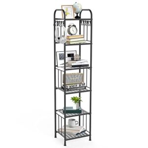 6 tier narrow metal bathroom towel storage shelving unit with 10pcs s hooks, freestanding corner rack shelves for small spaces, practical shelf bookshelf for bedroom pantry laundry kitchen (black)…