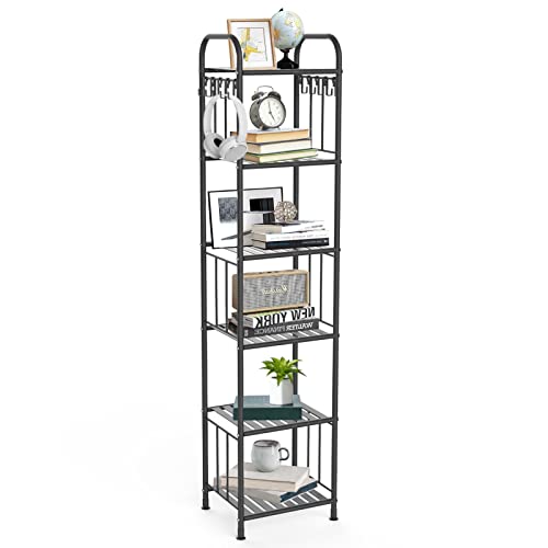 6 Tier Narrow Metal Bathroom Towel Storage Shelving Unit with 10Pcs S Hooks, Freestanding Corner Rack Shelves for Small Spaces, Practical Shelf Bookshelf for Bedroom Pantry Laundry Kitchen (Black)…