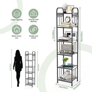 6 Tier Narrow Metal Bathroom Towel Storage Shelving Unit with 10Pcs S Hooks, Freestanding Corner Rack Shelves for Small Spaces, Practical Shelf Bookshelf for Bedroom Pantry Laundry Kitchen (Black)…