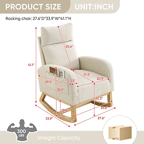 Antetek Rocking Glider Chair for Nursery, Modern Fabric Accent Rocker Chair Upholstered Tall Back Arm Chair w/Side Pockets, Modern Leisure Single Sofa for Living Room, Hotel, Bedroom, Office, Beige