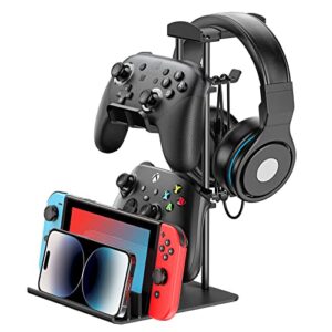 kdd headphone stand, game controller holder & headset holder for desk, earphone stand with aluminum supporting bar, universal storage organizer headphones/controller/switch/ipad/mobile phone