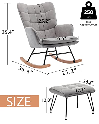 MELLCOM Rocking Chair with Ottoman, High Back Nursery Glider Rocker with Solid Wood Leg, Modern Upholstery Linen Fabric Armchair for Nursery, Living Room and Bedroom