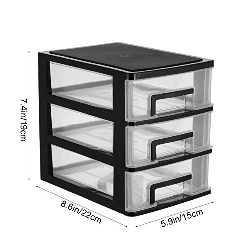 CLISPEED Three- layer Plastic Drawers Dresser Desktop Organizer Stackable Storage Closet Portable Storage Cabinet Multifunction Storage Rack for Office Bedroom Bathroom ( Black and Transparent )