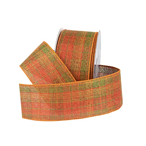 Royal Imports Fall Checkered Plaid Print Ribbon Wired, Orange/Green, 2.5" (#40) for Bow Making, Gift Wrapping, Wreaths, 25 Yd Roll (75 FT Spool)