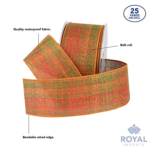 Royal Imports Fall Checkered Plaid Print Ribbon Wired, Orange/Green, 2.5" (#40) for Bow Making, Gift Wrapping, Wreaths, 25 Yd Roll (75 FT Spool)