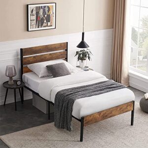 vecelo platform twin bed frame with rustic vintage wood headboard and footboard, mattress foundation, strong metal slats support, no box spring needed