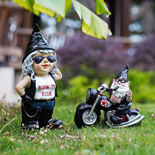 Jy.Cozy Funny Gnome Garden Statue,Black Motorcycle Biker Gnome,Smoking Gnome Figurine,Outdoor Garden Patio Lawn Decor,Resin Gnome Ornament Gift