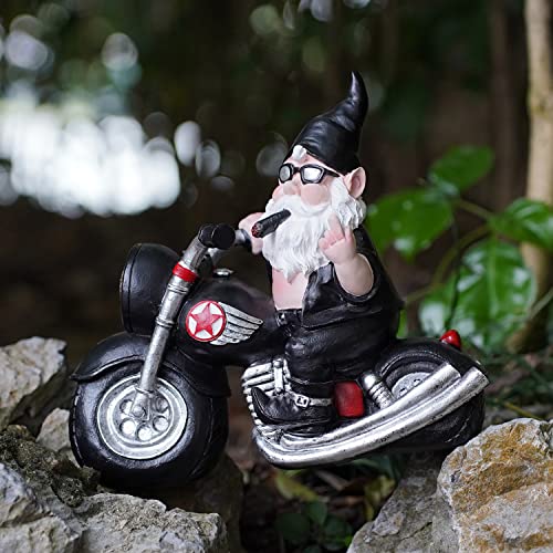 Jy.Cozy Funny Gnome Garden Statue,Black Motorcycle Biker Gnome,Smoking Gnome Figurine,Outdoor Garden Patio Lawn Decor,Resin Gnome Ornament Gift