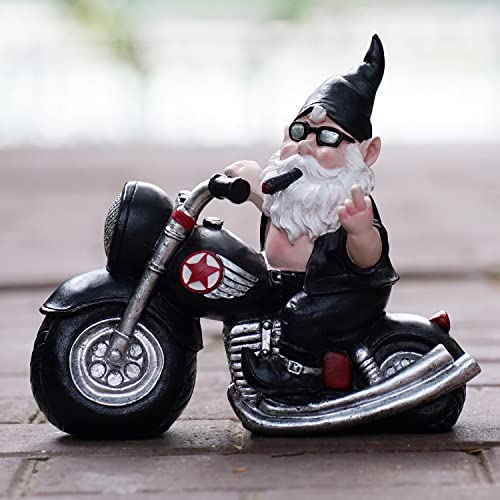 Jy.Cozy Funny Gnome Garden Statue,Black Motorcycle Biker Gnome,Smoking Gnome Figurine,Outdoor Garden Patio Lawn Decor,Resin Gnome Ornament Gift