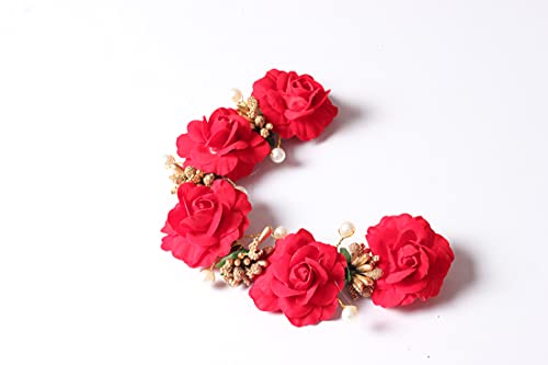 Ritzprime Artificial Flower gajra Hair Bun Accessories for Occasion/Festival , Beautiful Red Flower with Golden Peal bun Accessories for Women