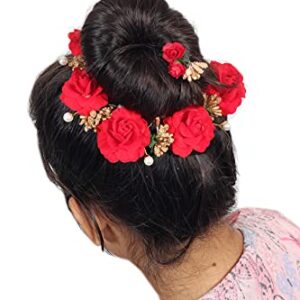 Ritzprime Artificial Flower gajra Hair Bun Accessories for Occasion/Festival , Beautiful Red Flower with Golden Peal bun Accessories for Women