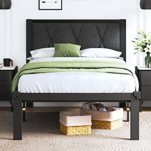 feonase twin size metal bed frame with fabric button tufted headboard, platform bed frame with heavy duty metal slats, 12" storage space, noise free, no box spring needed, dark grey