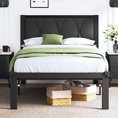 Feonase Twin Size Metal Bed Frame with Fabric Button Tufted Headboard, Platform Bed Frame with Heavy Duty Metal Slats, 12" Storage Space, Noise Free, No Box Spring Needed, Dark Grey