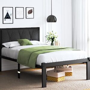 Feonase Twin Size Metal Bed Frame with Fabric Button Tufted Headboard, Platform Bed Frame with Heavy Duty Metal Slats, 12" Storage Space, Noise Free, No Box Spring Needed, Dark Grey