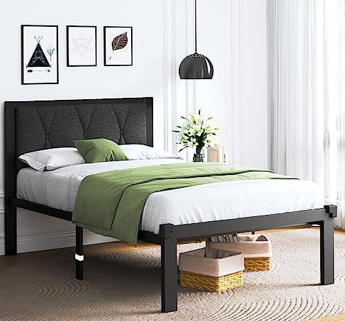 Feonase Twin Size Metal Bed Frame with Fabric Button Tufted Headboard, Platform Bed Frame with Heavy Duty Metal Slats, 12" Storage Space, Noise Free, No Box Spring Needed, Dark Grey