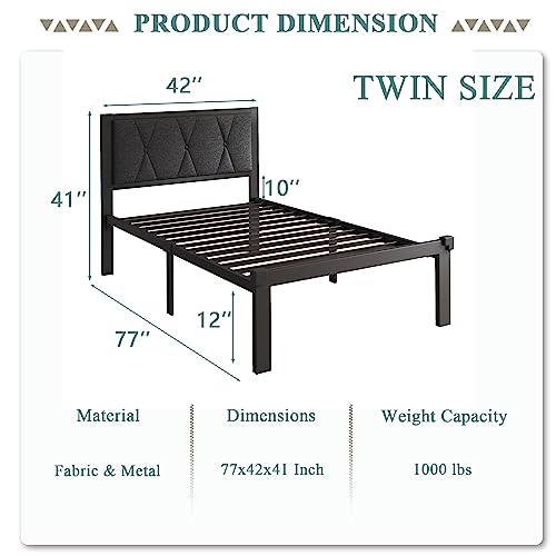 Feonase Twin Size Metal Bed Frame with Fabric Button Tufted Headboard, Platform Bed Frame with Heavy Duty Metal Slats, 12" Storage Space, Noise Free, No Box Spring Needed, Dark Grey