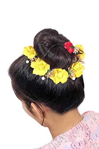 Ritzprime Artificial Flower gajra Hair Bun Accessories for Occasion/Festival , Beautiful Yellow Flower with Golden Peal bun Accessories for Women...