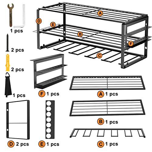 Power Tool Organizer Wall Mount, 5 Slot Cordless Drill Holder Battery Charging Station Storage Rack, Multi-function Garage Pegboard Tool Organizer for Tidying Up Parts Bin, Wrench, Pliers, Screwdrivers, Bit