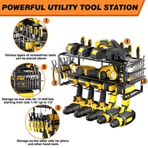 Power Tool Organizer Wall Mount, 5 Slot Cordless Drill Holder Battery Charging Station Storage Rack, Multi-function Garage Pegboard Tool Organizer for Tidying Up Parts Bin, Wrench, Pliers, Screwdrivers, Bit