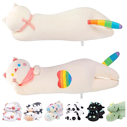 Mewaii Rainbow Cat Plush Body Pillow - 25" Rainbow Cat Stuffed Animals Squishy Pillow, Cute Plushies Cuddle Pillow for Kids, Long Cat Pillow Plush Toys, Birthday Gifts for Women, Girls and Males