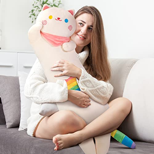 Mewaii Rainbow Cat Plush Body Pillow - 25" Rainbow Cat Stuffed Animals Squishy Pillow, Cute Plushies Cuddle Pillow for Kids, Long Cat Pillow Plush Toys, Birthday Gifts for Women, Girls and Males