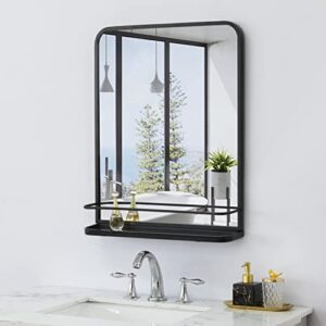 hmange matte black farmhouse bathroom mirror with shelf modern vanity mirror for wall, rectangle metal framed rounded corner wall mirror for bathroom living room,entryway 21" x 26.7"