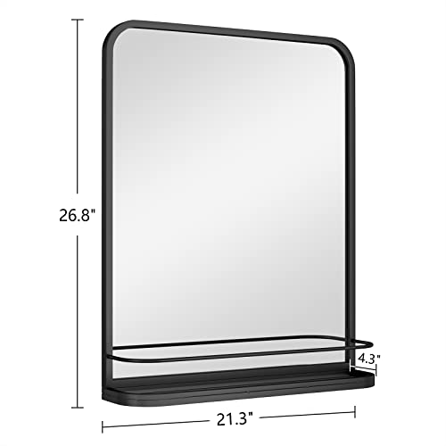 HMANGE Matte Black Farmhouse Bathroom Mirror with Shelf Modern Vanity Mirror for Wall, Rectangle Metal Framed Rounded Corner Wall Mirror for Bathroom Living Room,Entryway 21" x 26.7"