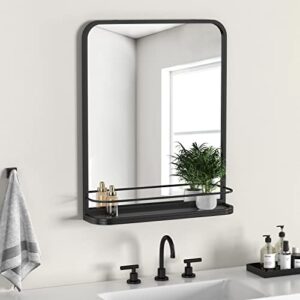 HMANGE Matte Black Farmhouse Bathroom Mirror with Shelf Modern Vanity Mirror for Wall, Rectangle Metal Framed Rounded Corner Wall Mirror for Bathroom Living Room,Entryway 21" x 26.7"