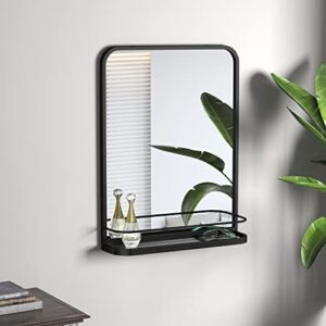 HMANGE Matte Black Farmhouse Bathroom Mirror with Shelf Modern Vanity Mirror for Wall, Rectangle Metal Framed Rounded Corner Wall Mirror for Bathroom Living Room,Entryway 21" x 26.7"