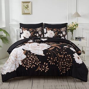 yogeneg 7 piece bed in a bag queen comforter set botanical floral bedding set,white flowers leaves printed on black reversible design,soft microfiber comforter with sheet set,all season(black,queen)