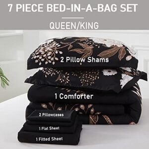 Yogeneg 7 Piece Bed in a Bag Queen Comforter Set Botanical Floral Bedding Set,White Flowers Leaves Printed on Black Reversible Design,Soft Microfiber Comforter with Sheet Set,All Season(Black,Queen)