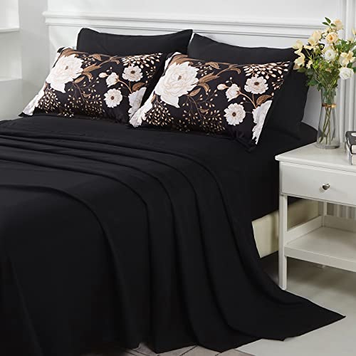 Yogeneg 7 Piece Bed in a Bag Queen Comforter Set Botanical Floral Bedding Set,White Flowers Leaves Printed on Black Reversible Design,Soft Microfiber Comforter with Sheet Set,All Season(Black,Queen)