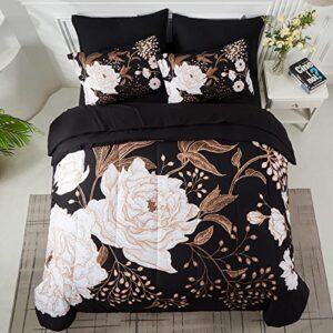 Yogeneg 7 Piece Bed in a Bag Queen Comforter Set Botanical Floral Bedding Set,White Flowers Leaves Printed on Black Reversible Design,Soft Microfiber Comforter with Sheet Set,All Season(Black,Queen)