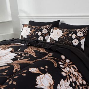 Yogeneg 7 Piece Bed in a Bag Queen Comforter Set Botanical Floral Bedding Set,White Flowers Leaves Printed on Black Reversible Design,Soft Microfiber Comforter with Sheet Set,All Season(Black,Queen)