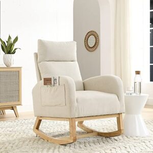 Krinana Nursery Rocking Chair with Solid Wood Legs, Glider Chair for Nursery with Two Side Pockets, Rocker Armchair for Living Room Bedroom (Beige, Linen Fabric)