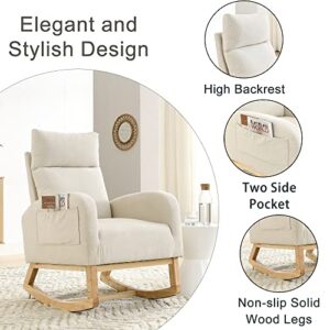 Krinana Nursery Rocking Chair with Solid Wood Legs, Glider Chair for Nursery with Two Side Pockets, Rocker Armchair for Living Room Bedroom (Beige, Linen Fabric)