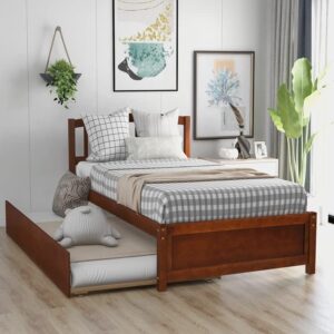 n/a Twin Size Platform Bed Wood Bed Frame with Trundle, Pine