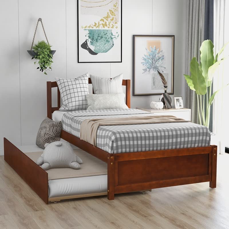 n/a Twin Size Platform Bed Wood Bed Frame with Trundle, Pine